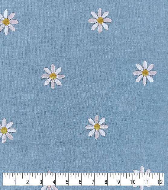 Daisy Embroideries On Light Blue Quilt Cotton Fabric By Keepsake Calico