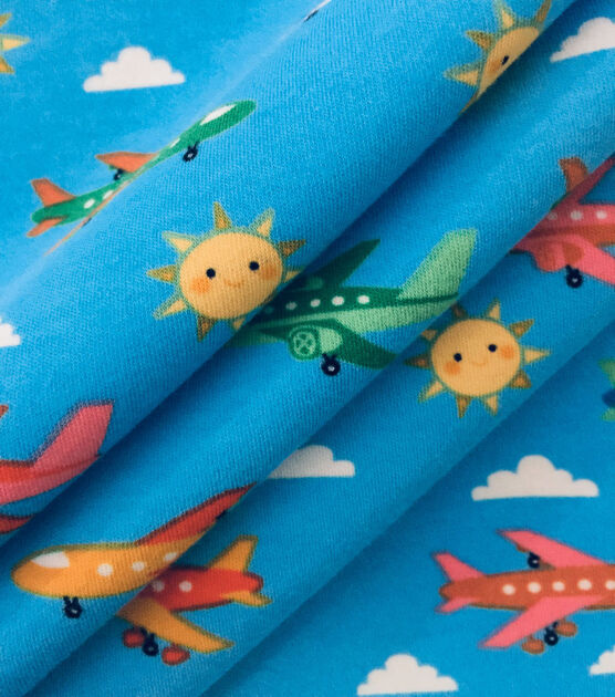 Airplanes On Blue Cotton Interlock Knit Fabric By Pop Joann