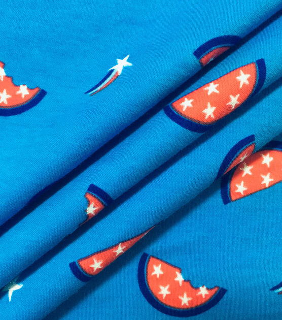 Blue Glitter Watermelon And Stars Cotton Interlock Knit Fabric By Pop