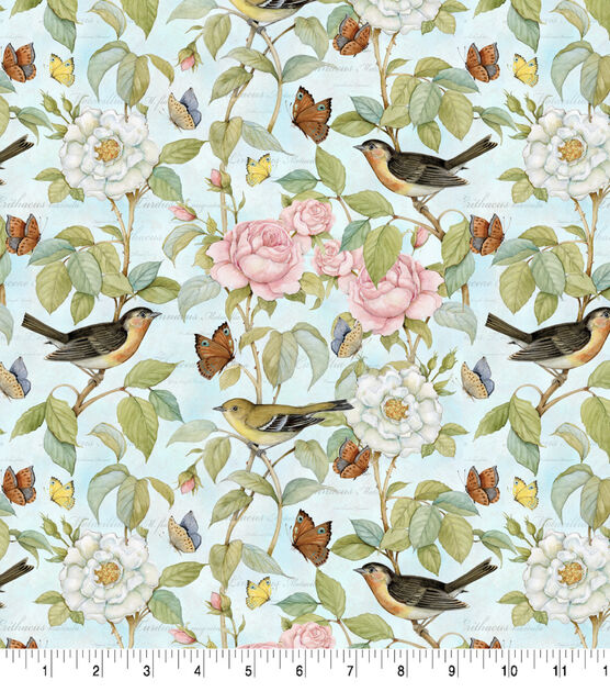 Susan Winget Camellia Birds And Butterflies On Blue Premium Cotton Fabric