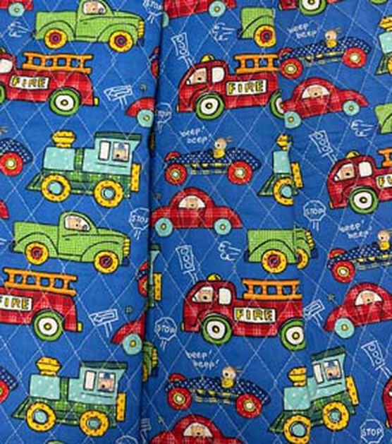 Reversible Quilted Transportation Icons On Blue Nursery Cotton Fabric