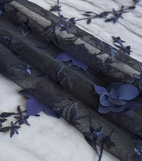 Navy 3d Vines On White Mesh Fabric Joann