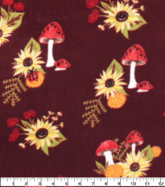 Sunflowers And Mushrooms On Burgundy Anti Pill Fleece Fabric Joann