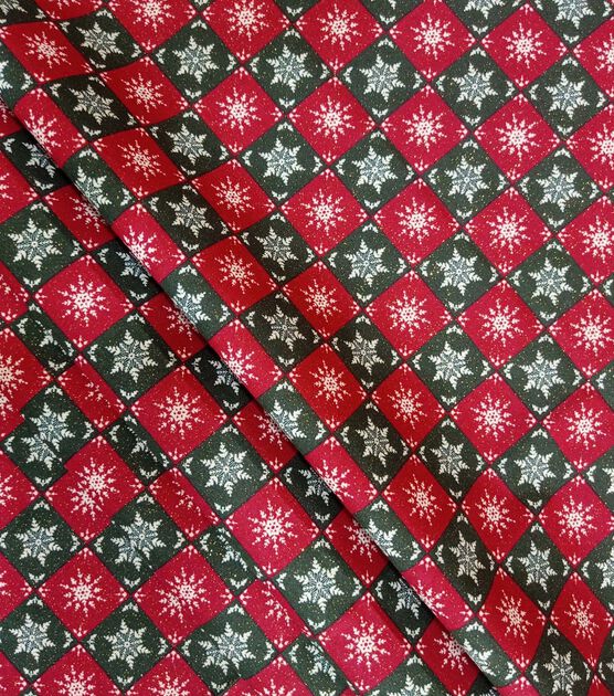 Snowflakes On Glitter Green And Red Checks Christmas Cotton Fabric Joann