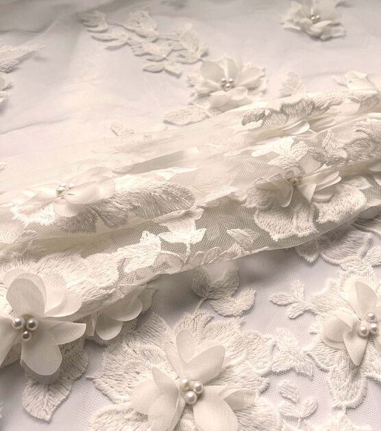 3d White Floral Embroidered With Pearls Mesh Fabric Joann