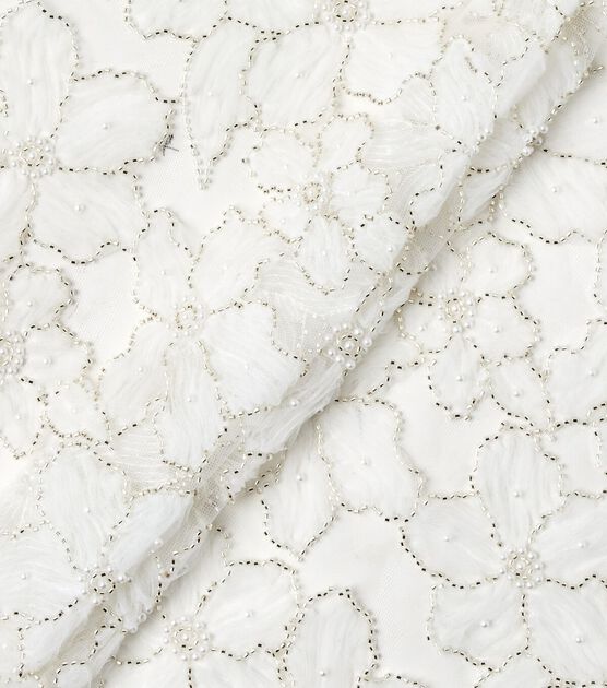 Badgley Mischka White Floral 3d Beaded Tulle Mesh Fabric Joann
