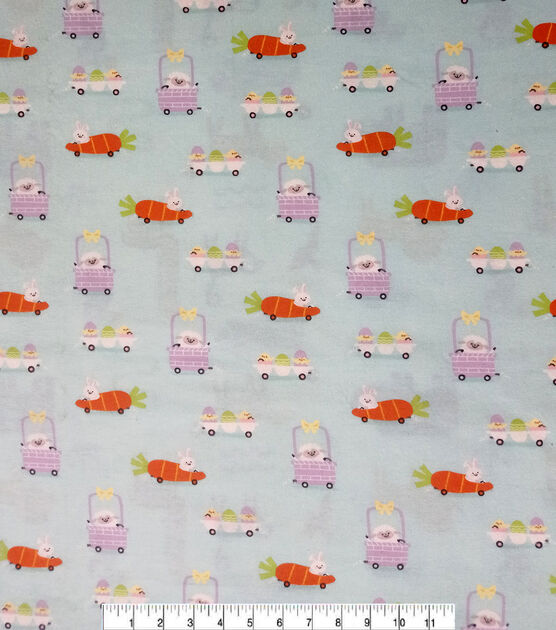 Chicks And Bunnies In Cars On Blue Super Snuggle Flannel Fabric By Pop