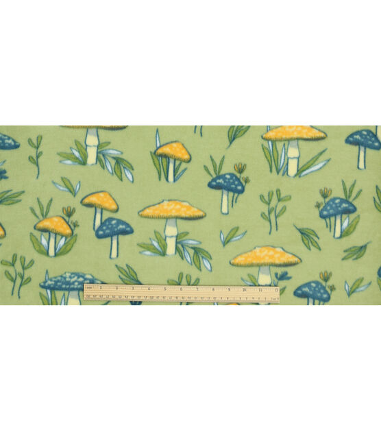 Mushrooms And Leaves On Green Anti Pill Plush Fleece Fabric Joann