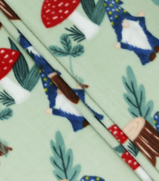 Mushrooms And Gnomes On Green Anti Pill Fleece Fabric Joann