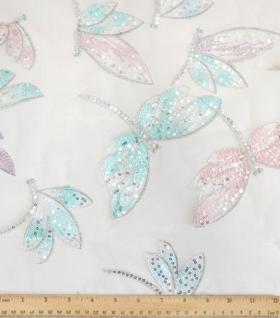 Glitterbug White Dragonfly Embroidery With Sequins Mesh Apparel Fabric