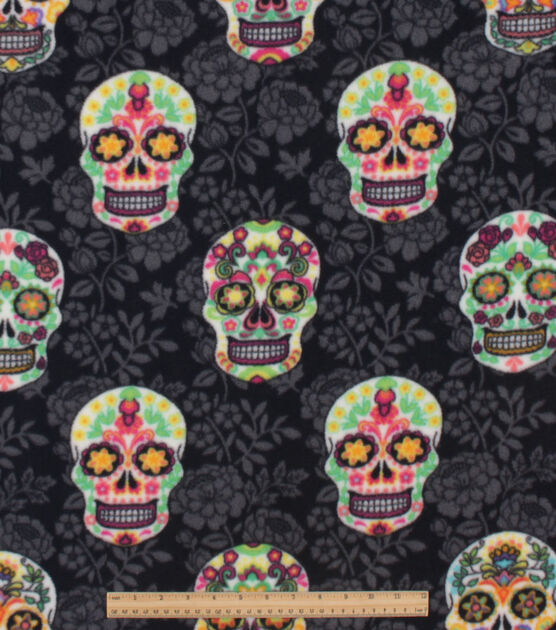Skull Print With Sketched Floral On Black Anti Pill Plush Fleece Fabric