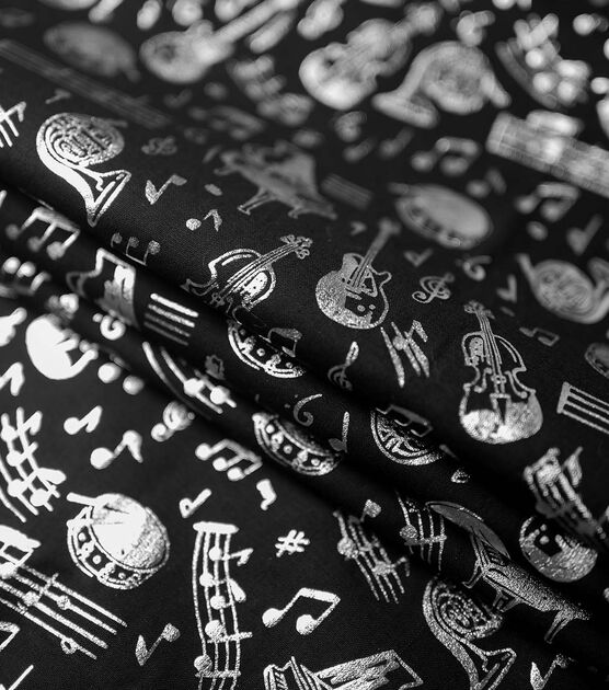 Chalkboard Musical Instruments On Black Foil Novelty Cotton Fabric Joann