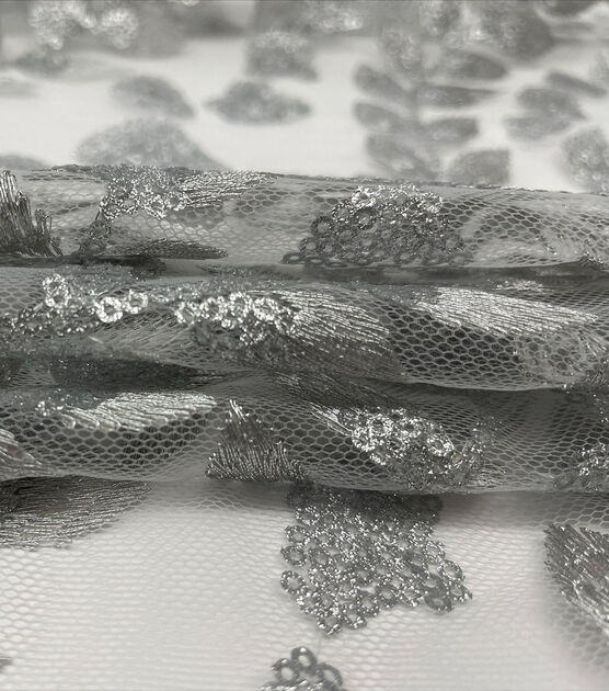Embroidered Silver Metallic Leaves With Glitter Sequin Mesh Fabric By