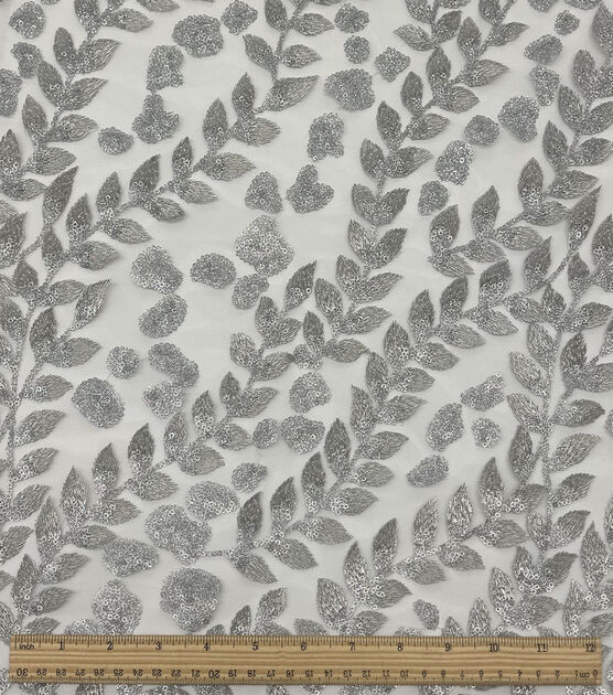 Embroidered Silver Metallic Leaves With Glitter Sequin Mesh Fabric By