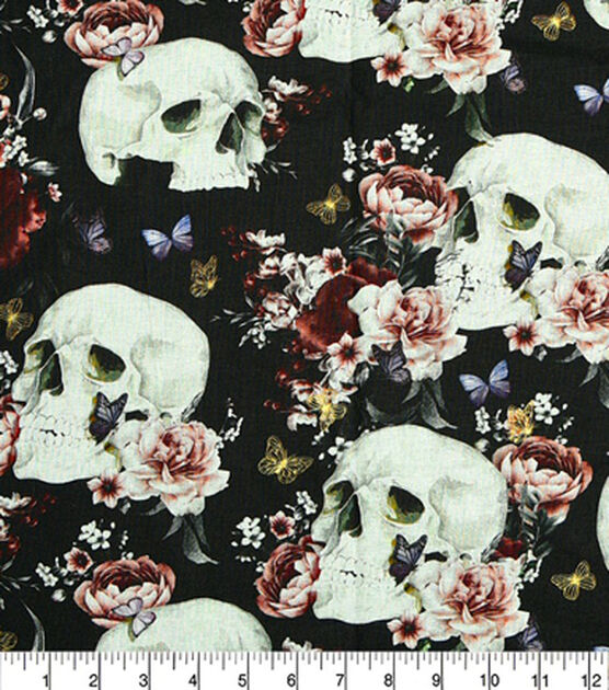 Skulls And Roses On Black Premium Metallic Cotton Fabric Joann