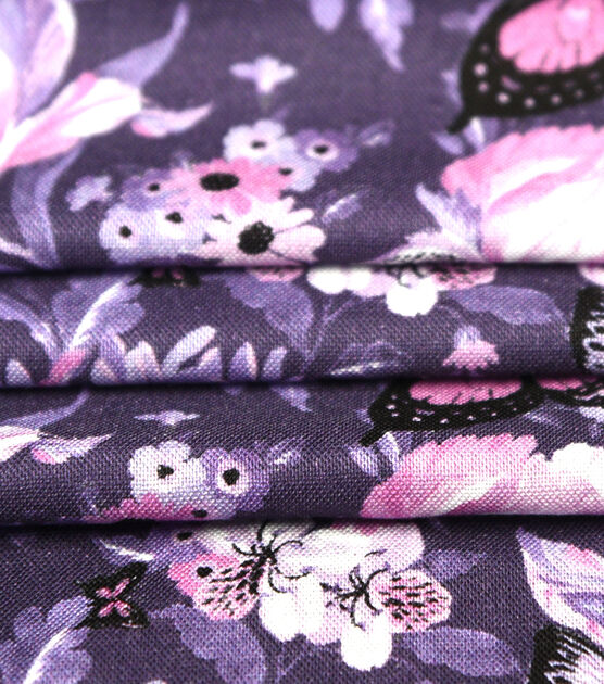 Botanical Butterflies On Dark Purple Cotton Fabric By Keepsake Calico