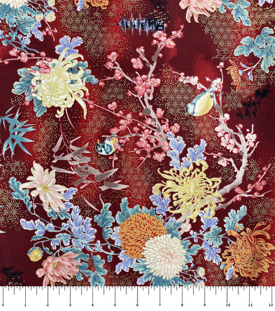 Asian Garden On Red Metallic Premium Cotton Fabric Joann