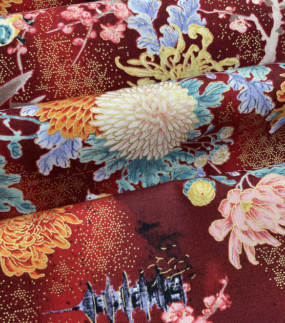 Asian Garden On Red Metallic Premium Cotton Fabric Joann