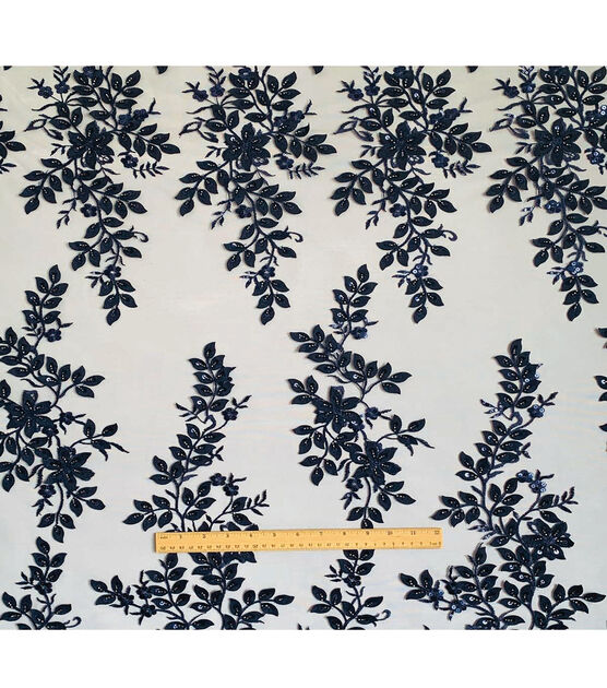 Navy Embroidered With Beads Floral Leaf Mesh Fabric Joann