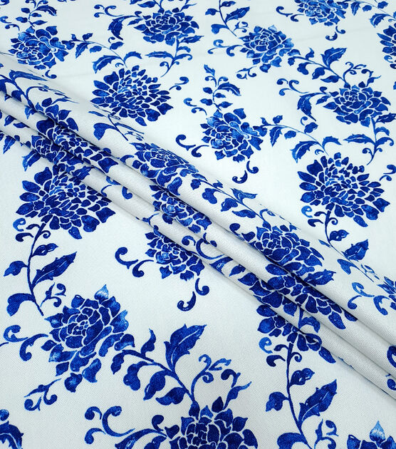 Delft Blue Floral On Cream Vine Christmas Cotton Canvas Fabric Joann