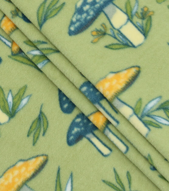 Mushrooms And Leaves On Green Anti Pill Plush Fleece Fabric Joann