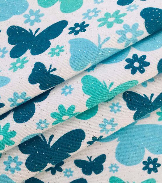 Blue Glitter Butterflies Cotton Interlock Knit Fabric By Pop Joann