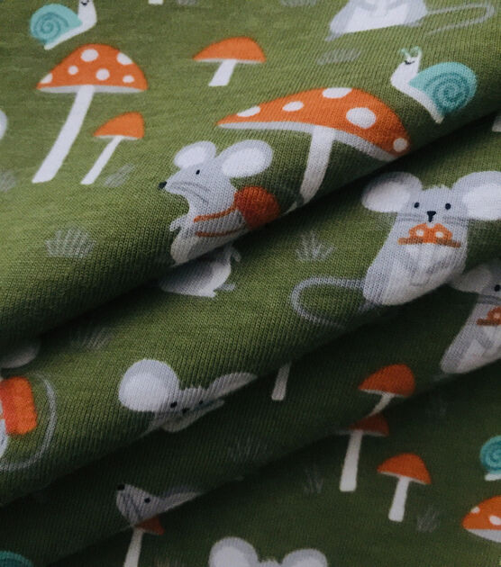 Mice And Mushrooms On Green Jersey Knit Fabric By Pop Joann