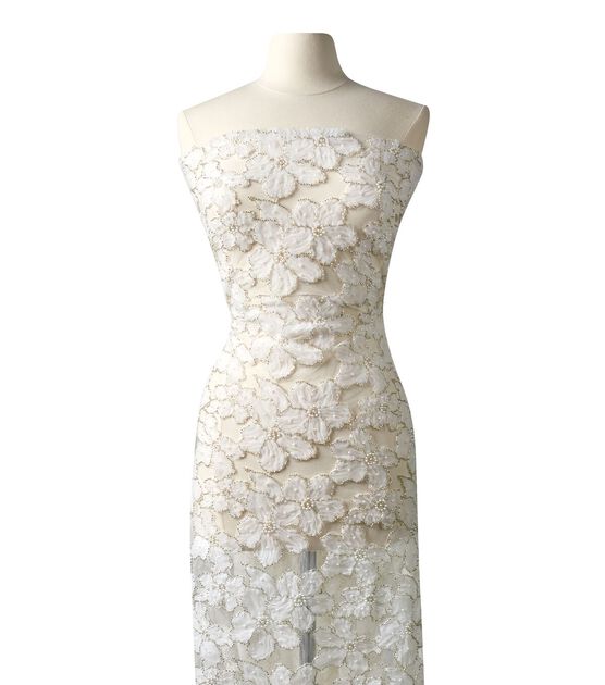 Badgley Mischka White 3d Floral Beaded Tulle Mesh Fabric Joann