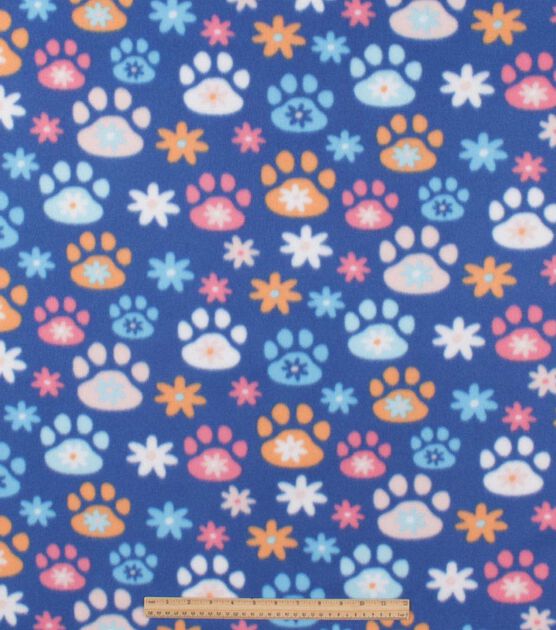 Floral Paw Prints On Blue Blizzard Fleece Fabric Joann