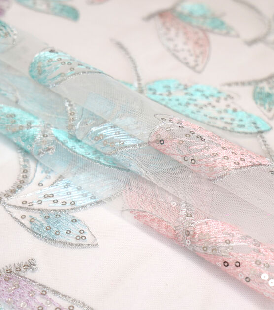 Glitterbug White Dragonfly Embroidery With Sequins Mesh Apparel Fabric