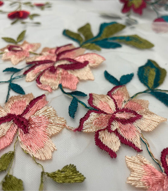 Embroidered Fresh Floral On Off White Mesh Fabric Joann