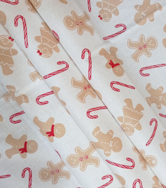 Gingerbread Men And Candy Canes On White Christmas Glitter Cotton Fabric
