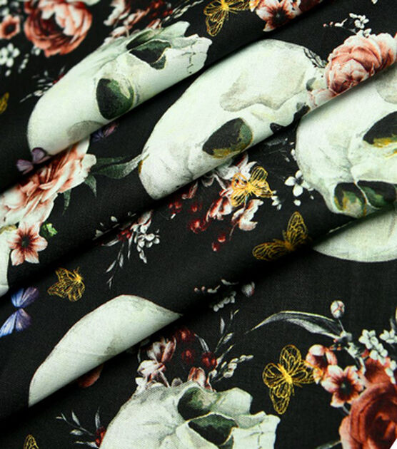 Skulls And Roses On Black Premium Metallic Cotton Fabric Joann