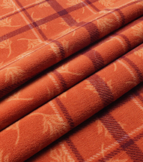 Orange Leaves On Plaid Anti Pill Fleece Fabric Joann