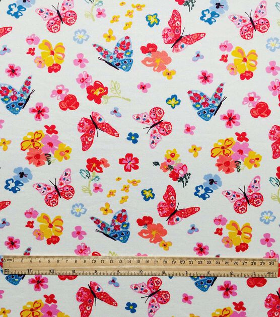 Multicolor Butterflies And Floral On White Jersey Knit Fabric Joann