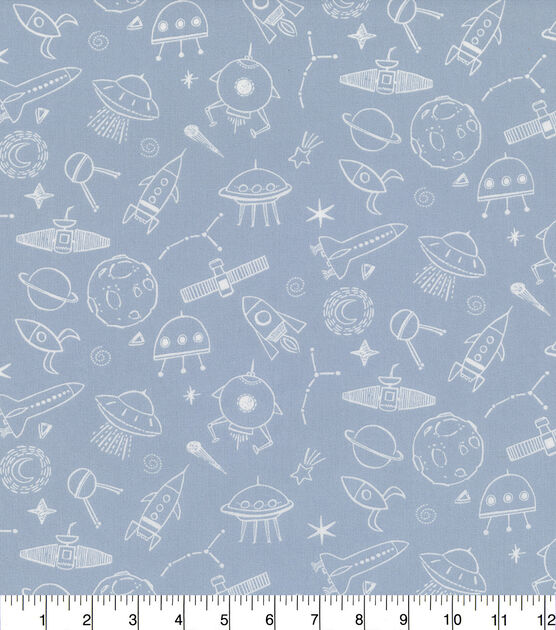Hi Fashion Moon Drawing Space Icons On Blue Cotton Nursery Fabric Joann