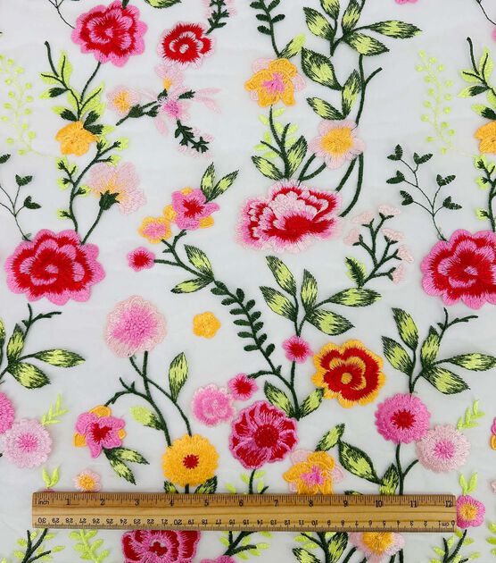 Sequin Bright Floral On White Embroidered Mesh Fabric By Casa
