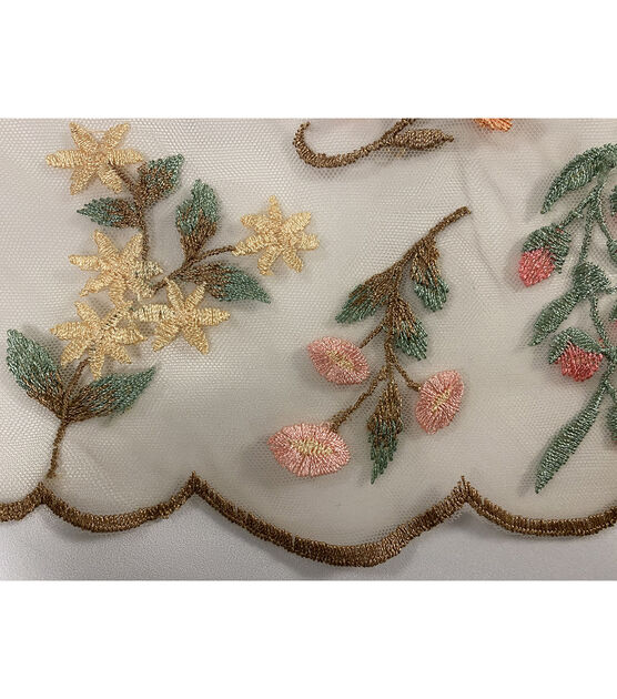 Wild Flower On White Scallop Edge Embellished Mesh Fabric By Sew Sweet