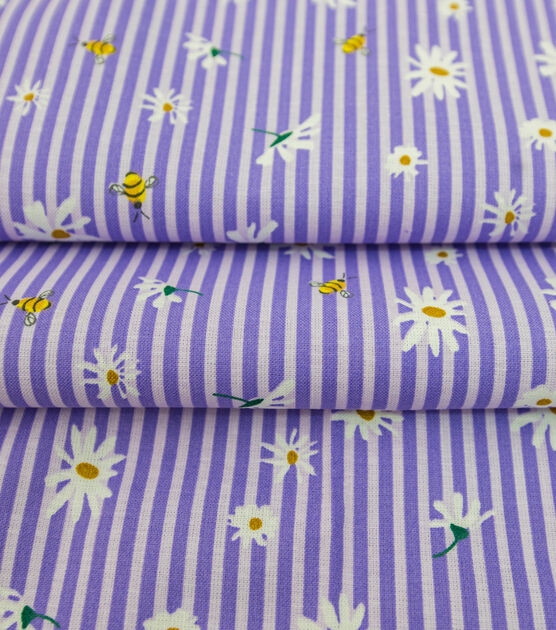 Flowers On White And Purple Striped Quilt Cotton Fabric By Keepsake