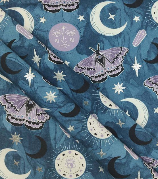 Moths And Moons On Blue Halloween Foil Flannel Fabric Joann