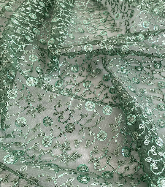 Green Embroidered Vine With Sequins Mesh Fabric By Sew Sweet Joann