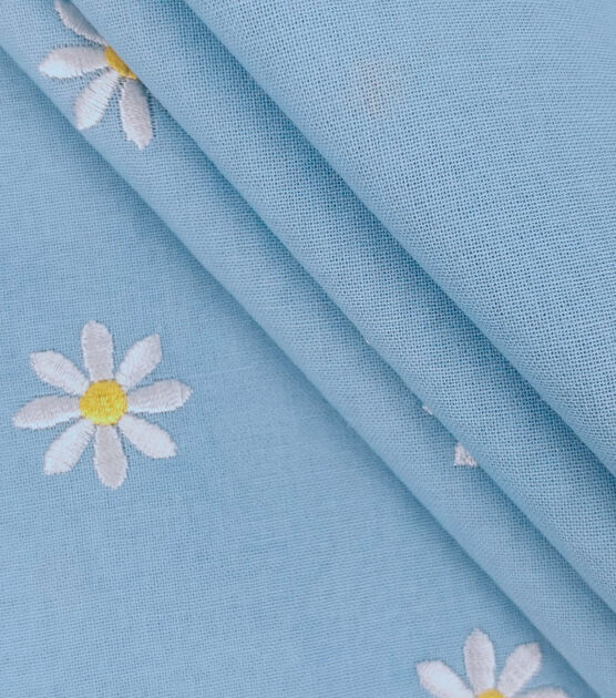 Daisy Embroideries On Light Blue Quilt Cotton Fabric By Keepsake Calico