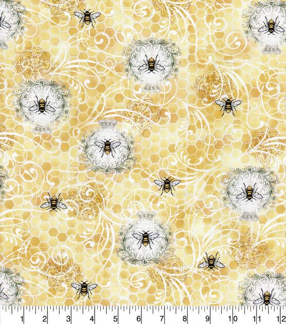 Yellow Sunny Bee Scrolls Premium Cotton Fabric Joann