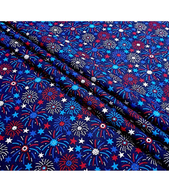 Happy Fireworks On Blue Patriotic Glitter Cotton Fabric By Pop Joann