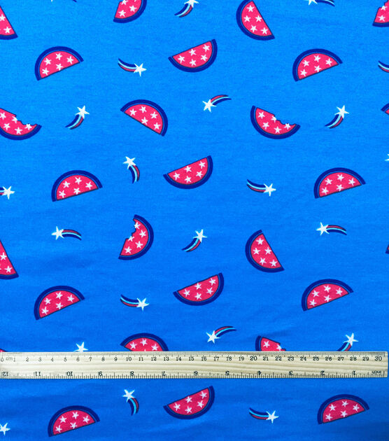 Blue Glitter Watermelon And Stars Cotton Interlock Knit Fabric By Pop