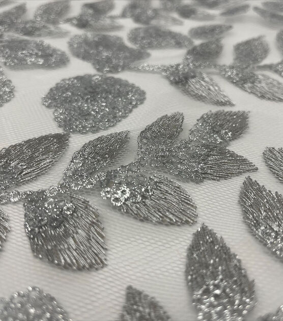 Embroidered Silver Metallic Leaves With Glitter Sequin Mesh Fabric By