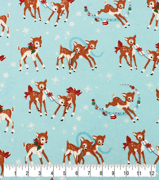 Reindeer And Snowflakes On Blue Super Snuggle Christmas Flannel Fabric