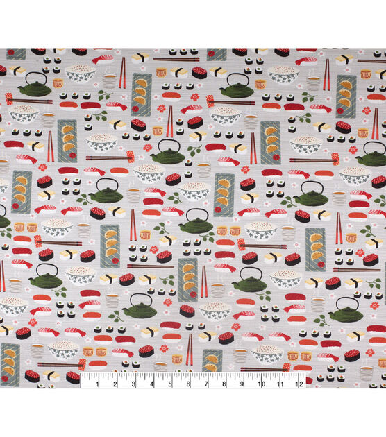 Novelty Cotton Fabric Sushi Dinner On Gray Joann