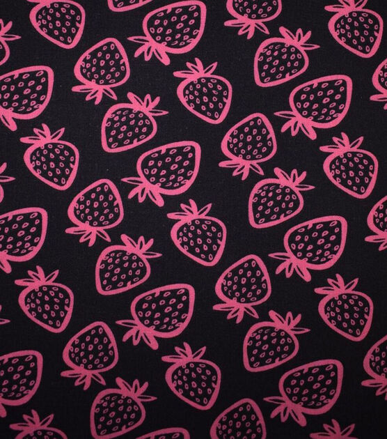 Pink Strawberries On Black Quilt Cotton Fabric By Quilters Showcase