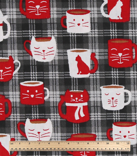 Cat Mugs On Gray Plaid Christmas Cotton Fabric Joann